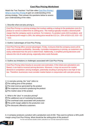 Cost Plus Pricing Explained | Activity Worksheet and Video | Teaching Resources