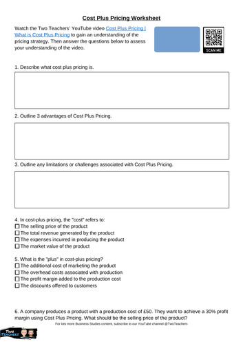 Cost Plus Pricing Explained | Activity Worksheet and Video | Teaching ...