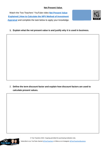 Net Present Value (NPV) | Activity Worksheet and Video | Teaching Resources