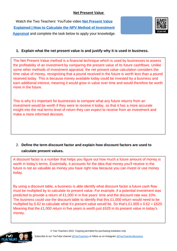 Net Present Value (NPV) | Activity Worksheet and Video | Teaching Resources