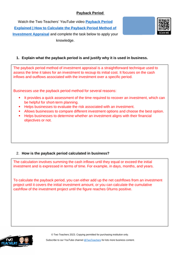 Payback Period | Activity Worksheet and Video | Teaching Resources