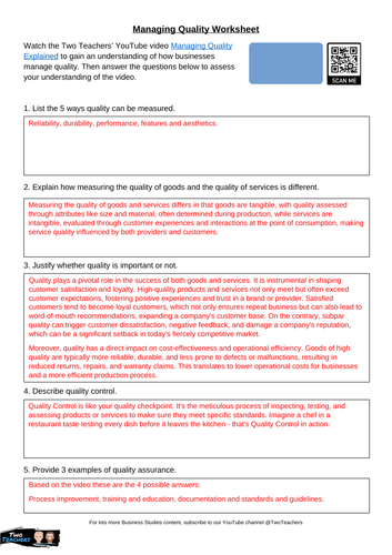 Managing Quality | Activity Worksheet and Video | Teaching Resources