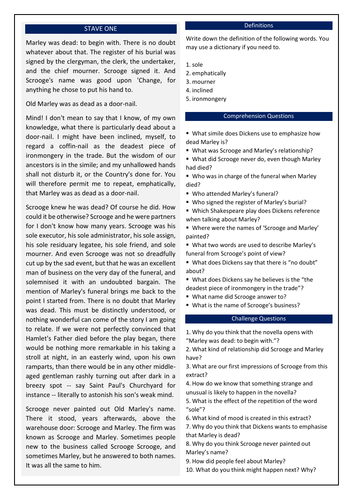 A Christmas Carol 20 Comprehension Extract Worksheets | Teaching Resources