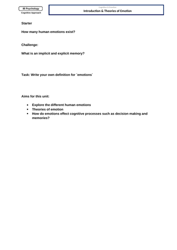 IB Psychology: Introduction to emotions & Theories of emotion | Teaching Resources