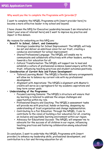 NPQEL - Successful Application Form (Primary) | Teaching Resources