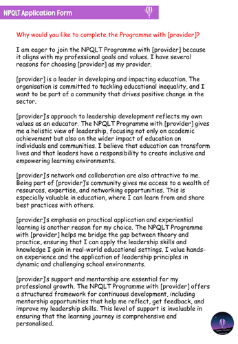 NPQLT - Successful Application Form (Primary) | Teaching Resources