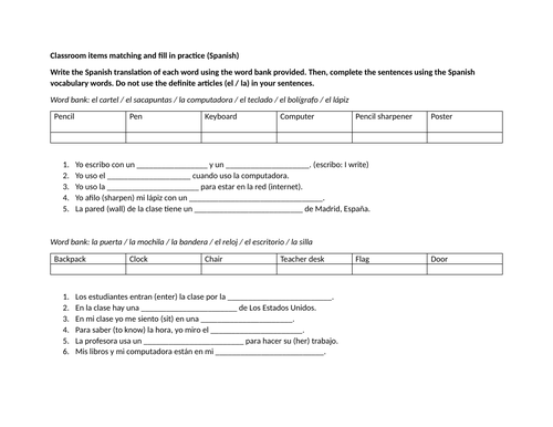 Classroom items matching and fill in practice (Spanish) | Teaching ...