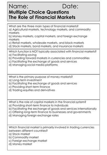 A Level Economics - Worksheet - Theme 4.4 - The Role of Financial ...