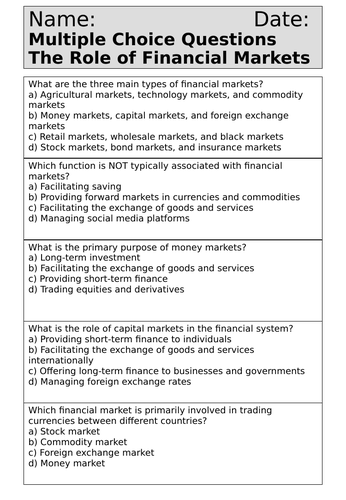 A Level Economics - Worksheet - Theme 4.4 - The Role of Financial ...