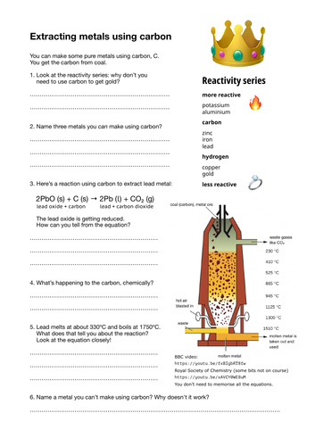 AQA extracting metals using carbon worksheet, 9-1 GCSE chemistry ...