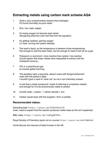 AQA extracting metals using carbon worksheet, 9-1 GCSE chemistry ...