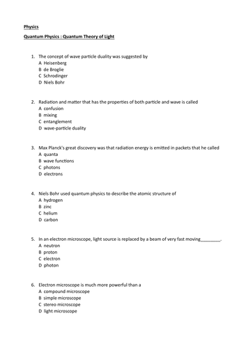 Introduction to Quantum Physics Worksheets (over 90 Questions w ...