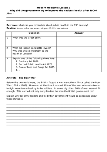 AQA HEALTH AND THE PEOPLE LESSON 1 PUBLIC HEALTH AFTER 1900 | Teaching ...
