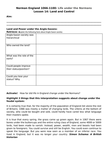 AQA NORMAN ENGLAND 1066-1100 LESSON 14 THE FEUDAL SYSTEM | Teaching Resources