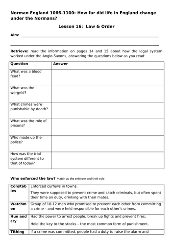 AQA NORMAN ENGLAND 1066-1100 LESSON 16 LAW AND ORDER | Teaching Resources