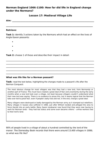 AQA NORMAN ENGLAND 1066-1100 LESSON 17 VILLAGE LIFE | Teaching Resources
