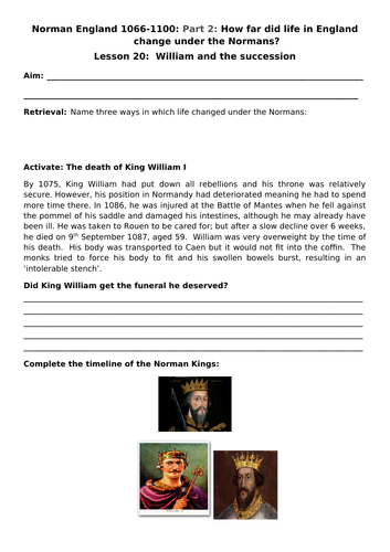 AQA NORMAN ENGLAND 1066-1100 LESSON 20 THE SUCCESSION | Teaching Resources