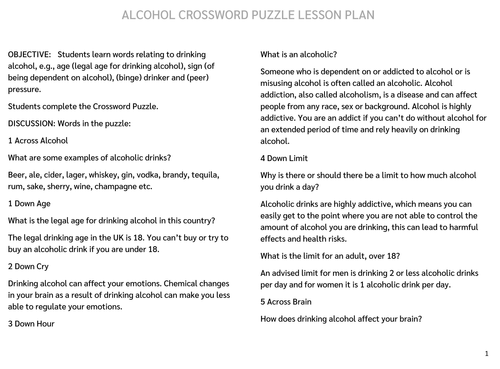 Alcohol Crossword Puzzle and Lesson Plan (UK) | Teaching Resources