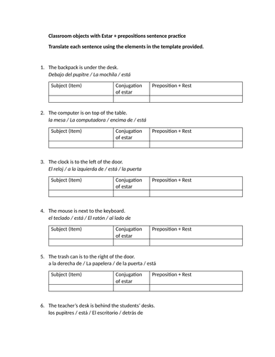 Classroom objects with Estar + prepositions sentence practice ...