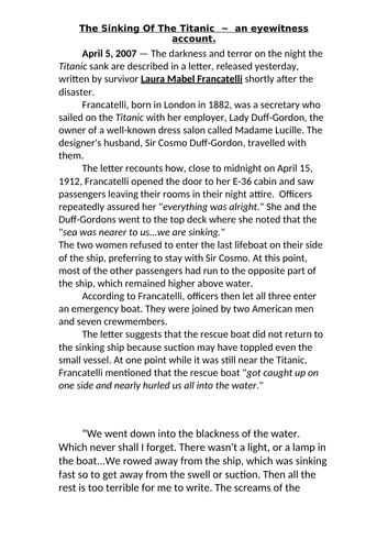 The Titanic - Newspaper Report | Teaching Resources