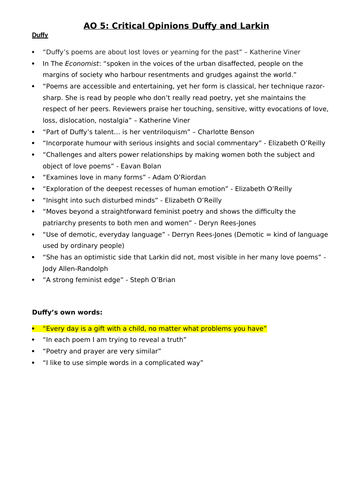 Duffy and Larkin List of Critical Quotes | Teaching Resources