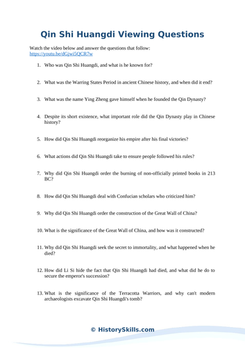 Emperor Qin Shi Huangdi Video Viewing Questions Worksheet | Teaching ...