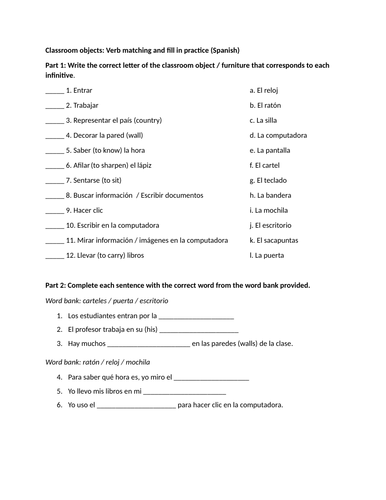 Classroom objects: Verb matching and fill in practice (Spanish ...