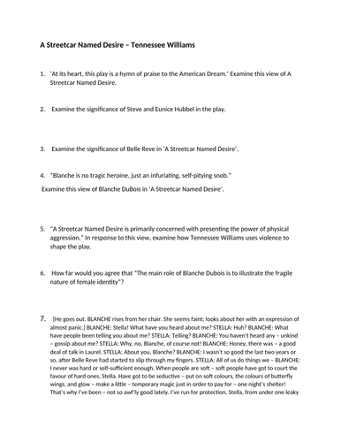 ENGLISH LITERATURE: A LEVEL REVISION "A Streetcar Named Desire ...