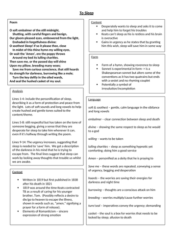 Keats Revision Sheets for Key Poems | Teaching Resources