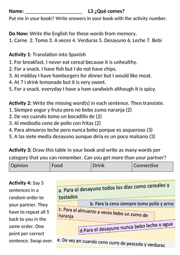 3x Y8 Food + Drink VIVA Cover Worksheets | Teaching Resources