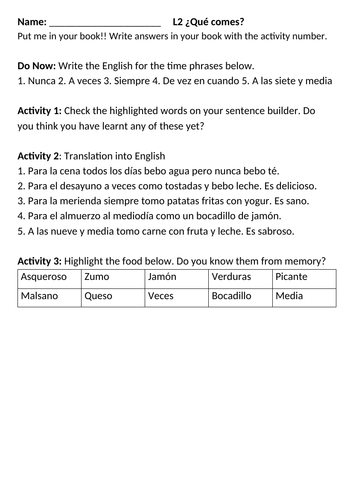 3x Y8 Food + Drink VIVA Cover Worksheets | Teaching Resources