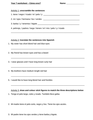 Y7 VIVA Spanish Hair Physical Desc. COVER Work | Teaching Resources