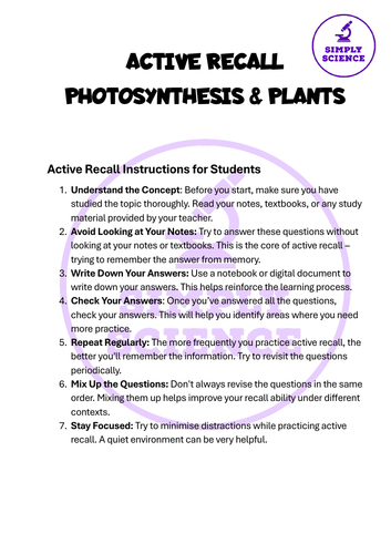 Photosynthesis and Plants - Active recall revision resource | Teaching ...