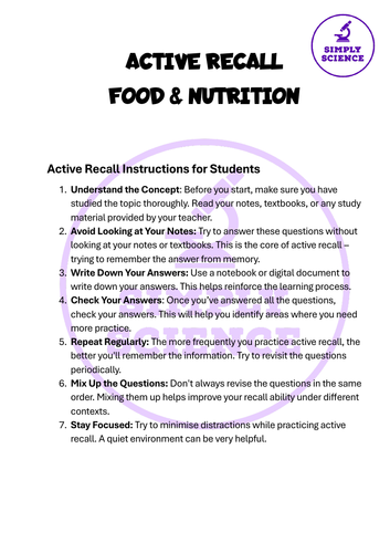 Food and Nutrition - Active recall revision resource | Teaching Resources