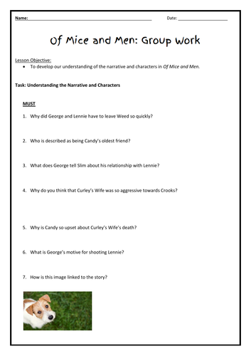 Of Mice and Men Narrative Worksheet | Teaching Resources
