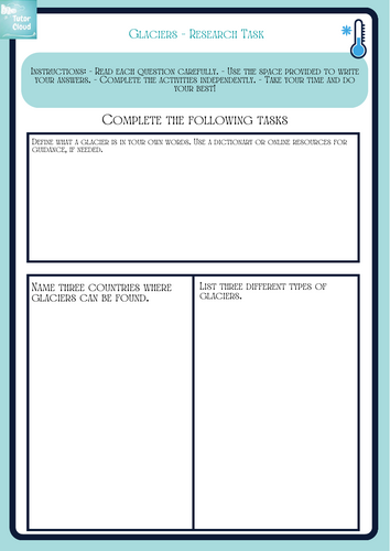 Geography Worksheet Glaciers – Research Task | Teaching Resources