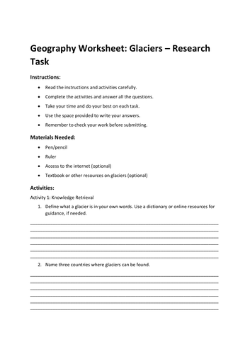 Geography Worksheet: Glaciers – Research Task | Teaching Resources
