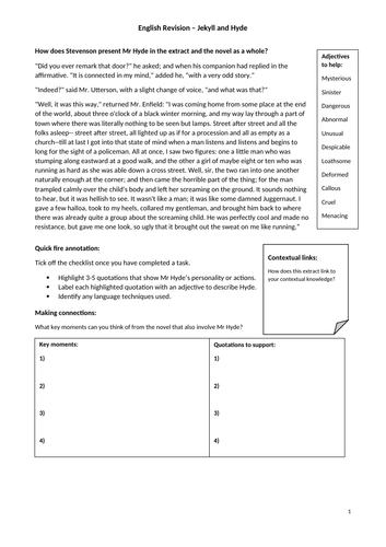 Jekyll and Hyde Revision Worksheets | Teaching Resources