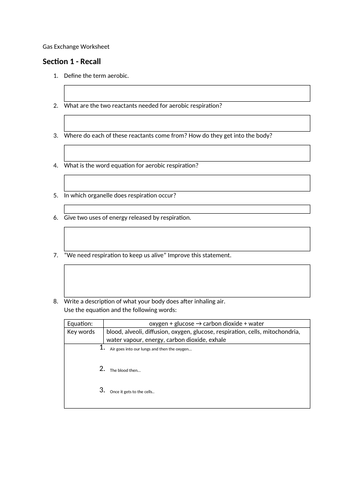 Gas Exchange and Respiration Worksheet | Teaching Resources