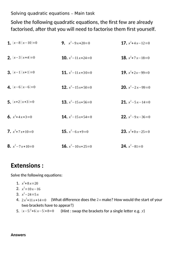 Learning to solve quadratics by factorisation | Teaching Resources Learning to solve quadratics by factorisation | Teaching Resources