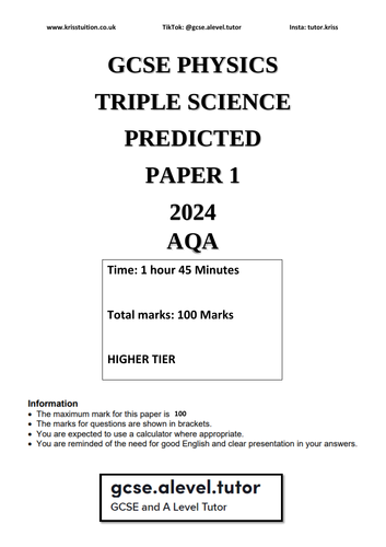GCSE PREDICTED 2024 TRIPLE SCIENCE PHYSICS AQA PAPER 1 | Teaching Resources GCSE PREDICTED 2024 TRIPLE SCIENCE PHYSICS AQA PAPER 1 | Teaching Resources
