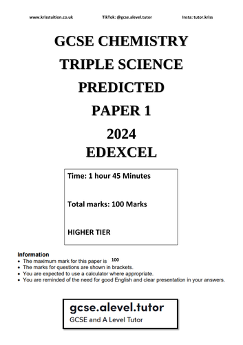 GCSE PREDICTED 2024 TRIPLE SCIENCE CHEMISTRY EDEXCEL PAPER 1 | Teaching Resources