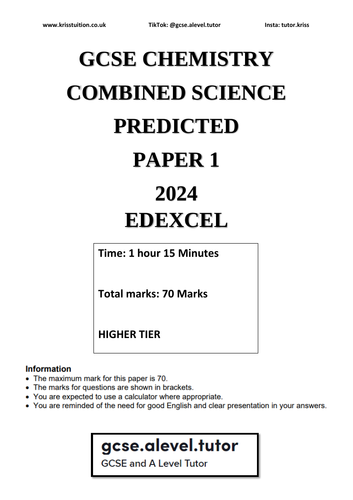 GCSE PREDICTED 2024 COMBINED SCIENCE CHEMISTRY EDEXCEL PAPER 1 ...