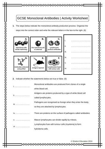 GCSE Biology - Monoclonal Antibodies Activity Worksheet | Teaching ...