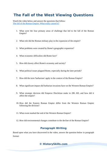 The Fall of the Western Roman Empire Video Viewing Questions Worksheet ...