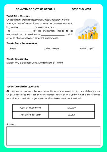 OCR GCSE Business Average Rate of Return Worksheet | Teaching Resources