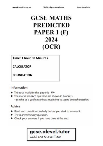 GCSE PREDICTED 2024 MATHS PAPER 1 FOUNDATION (OCR) | Teaching Resources GCSE PREDICTED 2024 MATHS PAPER 1 FOUNDATION (OCR) | Teaching Resources