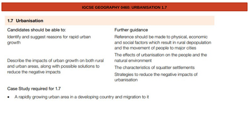 CIE IGCSE GEOGRAPHY 1.7 URBANISATION KNOWLEDGE ORGANISER | Teaching ...
