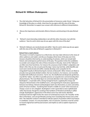 A LEVEL ENGLISH LITERATURE: A BANK OF ESSAY QUESTIONS ON RICHARD III ...