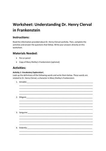 Worksheet: Understanding Dr. Henry Clerval in Frankenstein | Teaching ...
